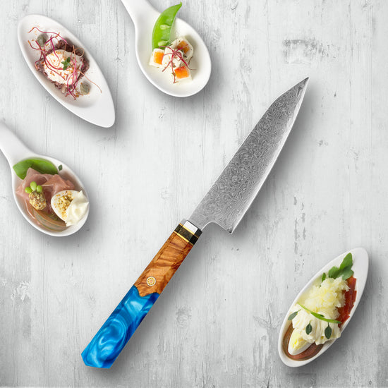 Makito Damascus Steel Knives With Coloured Blue Resin Handle ...