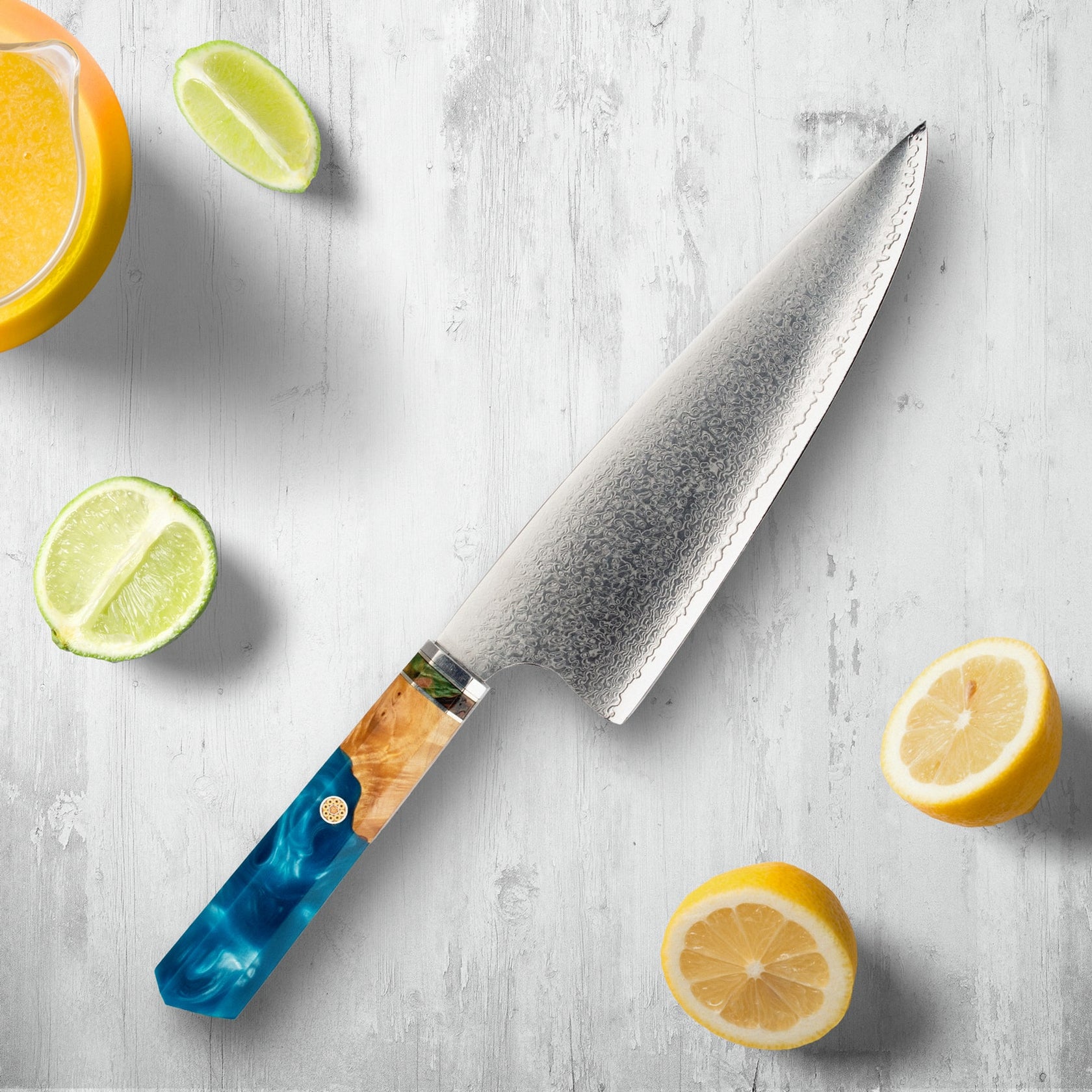 Makito Damascus Steel Knives With Coloured Blue Resin Handle ...